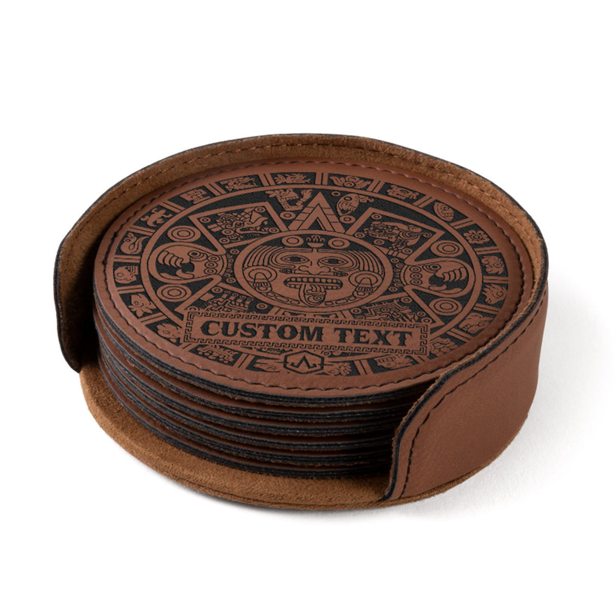Custom Aztec Calendar Coaster: Stylish Leather Protection — CityLocs
